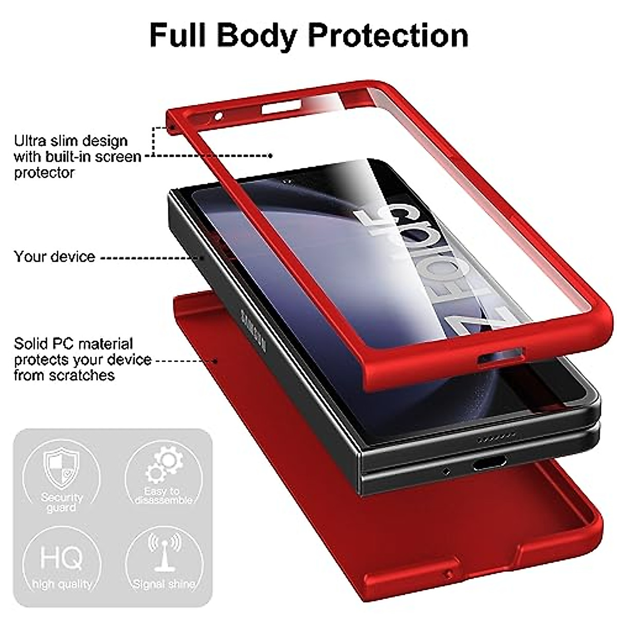 redluckstar Case for Samsung Galaxy Z Fold 5,Thin Slim Fit Matte PC with Non-Slip Built in Screen Protector Full-Body Protection Built in Screen Protection Phone Cover for Galaxy Z Fold 5 (Red)