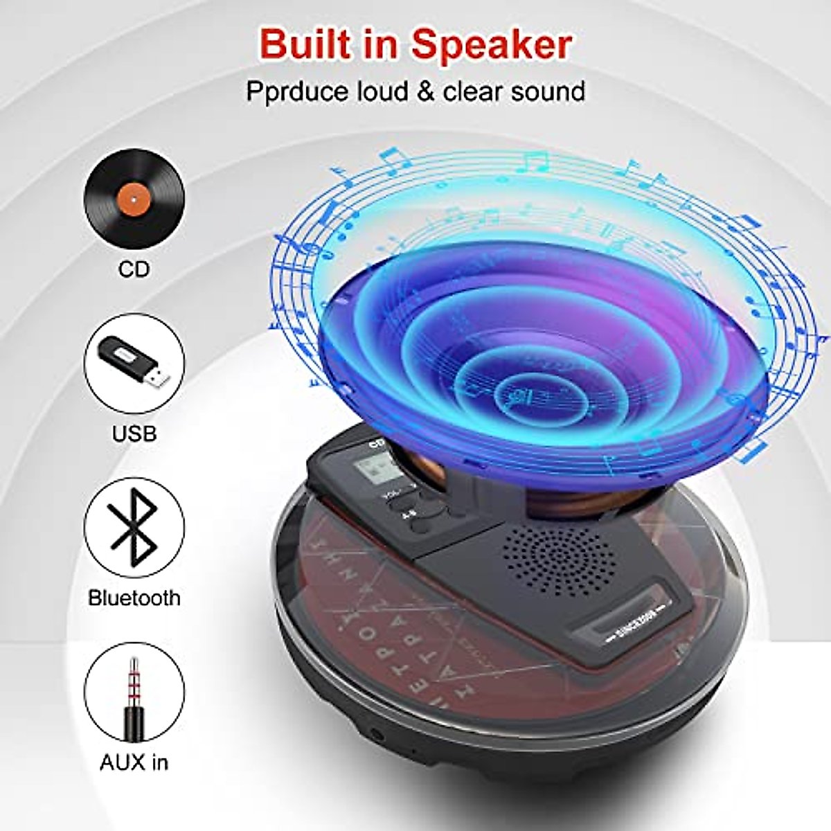 Rechargeable CD Player Portable with Bluetooth,Compact Anti-Skip Shockproof Portable CD Player with Earphone,Walkman CD Player with Stereo Speakers&LCD Display for Car/Home/Travel (AUX Output)