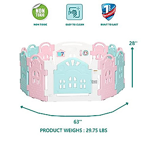 Dream On Me 12 Panel Rumi Baby Playpen in Pink and Blue, Easy to Fold and Store, Fun Game Panel, Indoor and Outdoor Playpen for Babies and Toddlers