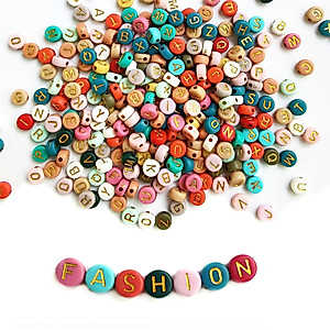 Amaney 1000pcs 4x7mm Round Letter Beads Colorful Acrylic with Gold Letter Alphabet for Jewelry Making