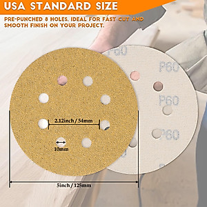 Mestool 5-Inch 8-Hole Hook and Loop Gold Sanding Discs, Box of 50 Sandpaper Include 60 80 120 150 and 220 Grits