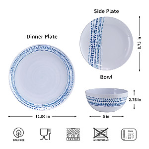 Melamine Dinnerware Sets, 12Pcs Plates and Bowls Sets Dinnerware Sets for 4 Indoor and Outdoor Use Dishwasher Safe Raindrops Design
