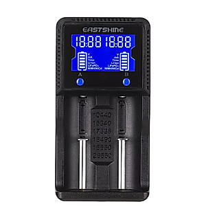EASTSHINE Universal Smart Battery Charger 2 Slots for Rechargeable Batteries 1.2V Ni-MH Ni-Cd AA AAA C 3.2V LiFePO4 3.7V Li-ion IMR 18650 26650 21700 16340 14500 18500 10440 18350 RCR123A UL Listed