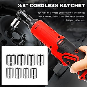 Hoypeyfiy 3/8" Cordless Electric Ratchet Wrench, 12V 40Ft-lbs Power Ratchet Tool Kit with 400RPM, 2 Packs 2.0Ah Lithium-Ion Batteries, 10 Sockets, LED Light
