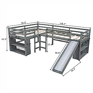 GLORHOME L-Shaped Twin Size Loft Bed, Space Saving Corner Loftbed Frame with Slide, Movable Two-Tier Shelves and Full-Length Guardrail for Kids,Modern Bedroom Furniture, Grey (Low loft Bed)