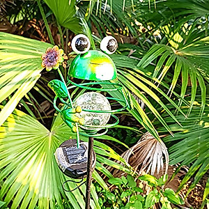 Garden Solar Lights Pathway Outdoor Frog Beetle Dragonfly owl Crackle Glass Globe Stake Metal Lights,Waterproof Warm White LED for Lawn,Patio or Courtyard (Frog)
