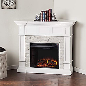 SEI Furniture Merrimack Faux Stone Convertible Electric Corner Fireplace, Fresh White, AMZ8369EF