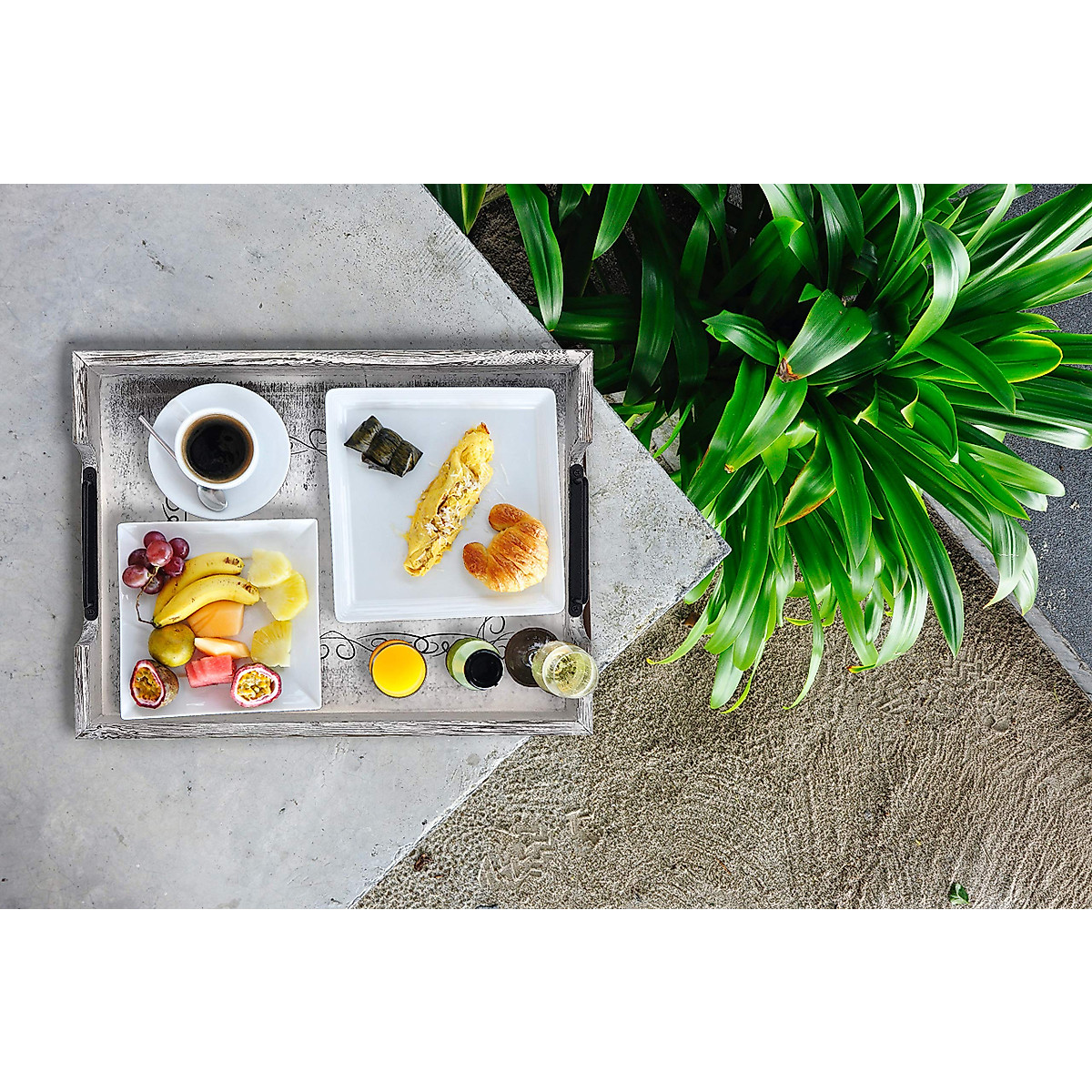 Booleaf Serving Tray, Authentic Paulownia Wood, Sturdy Black Metal Handles - Heart Swirl Design