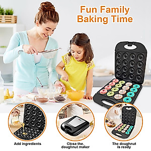 Mini Donut Maker Machine for Home, Kid-Friendly 16-Hole Electric Doughnut and Pancake Maker with Non-Stick Surface, Ideal for Homemade Doughnuts (Black with 1 Pair Mini Oven Gloves & Brush)