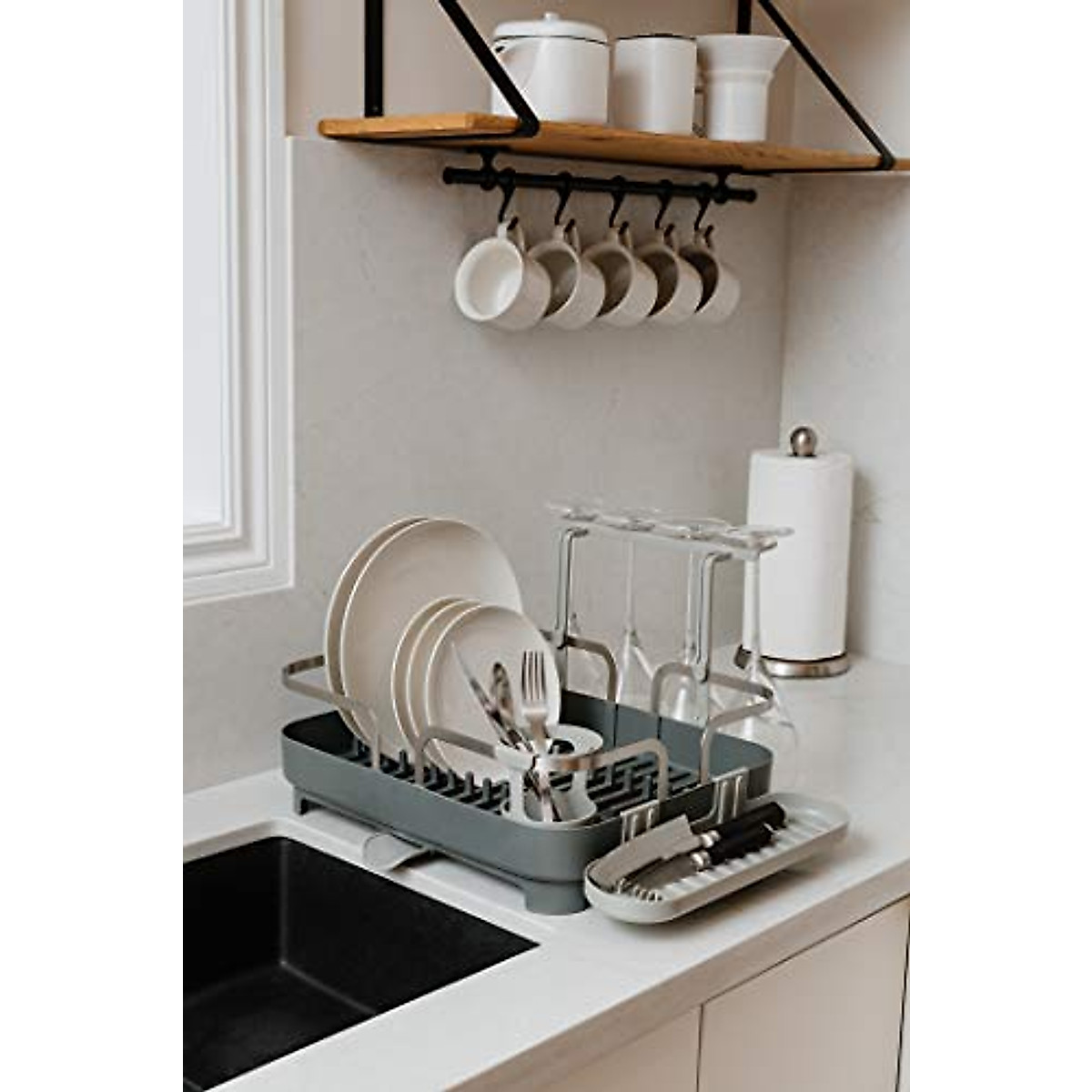 Umbra Holster Dish Rack– Molded Plastic Dish Drying Rack with Drainage Spout, Charcoal