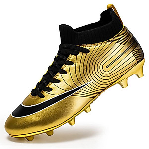DHOVOR Womens Soccer Cleats Youth Football Cleats Girls High-Top Athletics Football Trainers Outdoor and Indoor Soccer Shoes Gold