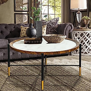 Round Coffee Table, 35in Modern Living Room Accent Side Tea Table with Marbling Glass Top, Black Gold Metal Legs Industrial Sofa Center Table for Dining Room with Wood Top Frame