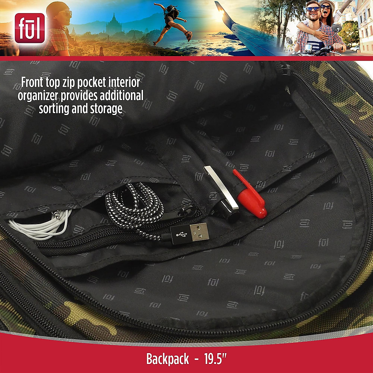 FUL Refugee Laptop Backpack, Padded Computer Bag For Commute or Travel, 1680 Denier, 15 Inch Laptop Sleeve, Black