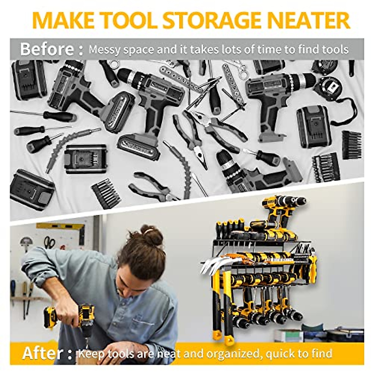 2 Pack Power Tool Organizer Holder, 8 Drill Holder Wall Mount for Garage Organization, 3 Layer Tool Storage Shelf, Heavy Duty Metal Tool Organizers and Storage Rack Tool Shelf Black