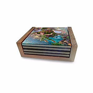 Disney Peter Pan Glass Coaster Set Decor - Thomas Kinkade - Comes with Stylish Modern Wooden Holder