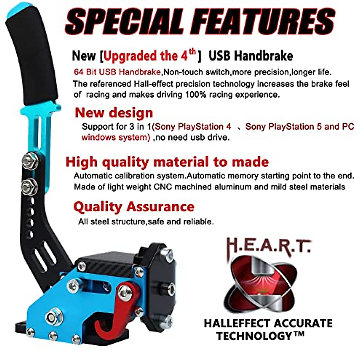 Obokidlyamor 64Bit USB Handbrake For 2 IN 1 Compatible with Microsoft PS4/PS5 Console Controller and PC system; Work on For Logitech G29 Racing Steering wheel (For PS4/PC, Blue)