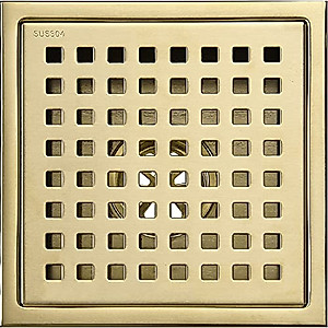 TRUSTMI 6 Inch Square Shower Floor Drain with Removable Grid Grate Cover, SUS 304 Stainless Steel,Brushed Gold