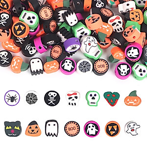 MAIOUSU STORE 200PCS Random Halloween Polymer Clay Beads Heishi Spacer Beads Fall Halloween Clay Bead Set Assorted Pumpkin Ghost Spider Bat Clay Beads for Bracelet Necklace Earring DIY
