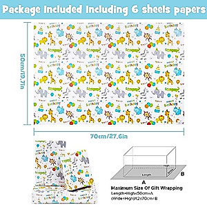 Birthday Wrapping Paper For Kids Baby Girls Boys, 6 Sheets Monkey Lion Elephant Giraffe Alligator Zebra Animals Party Design 20 x 28 inch Gift Paper for Birthday Baby Shower Kindergarten Newborn