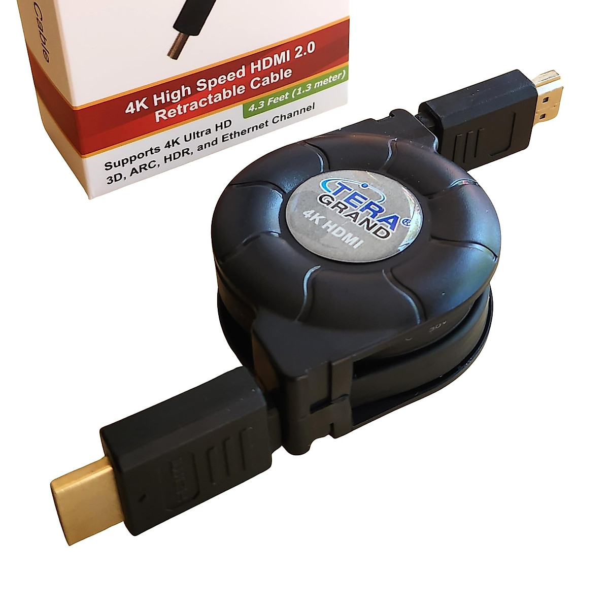 Tera Grand Premium 4K High-Speed HDMI 2.0 Retractable Cable, Extends up to 4.25 feet - Supports 4K Ultra HD, 3D, ARC, HDR, and Ethernet Channel