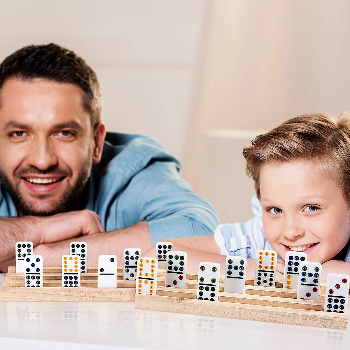 Jetec 8 Pieces Wooden Domino Racks Domino Trays Holders Organizer Natural Wood Domino Trays with 3 Tilted Rows for Mexican Train Chickenfoot Mahjong and Other Domino Games