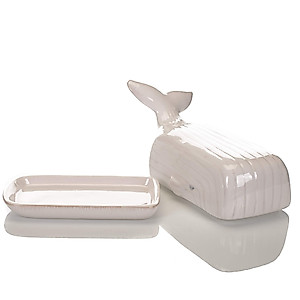 Nautical Whale Glossy White 9 x 4 Ceramic Butter Dish With Lid