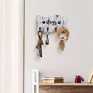 MyGift Wall Mounted Dog Leash Holder, 4-Hook Rustic Whitewashed Wood Hanging Key Hook Rack with Cursive Dogs Label, Heart and Paw Print Decals