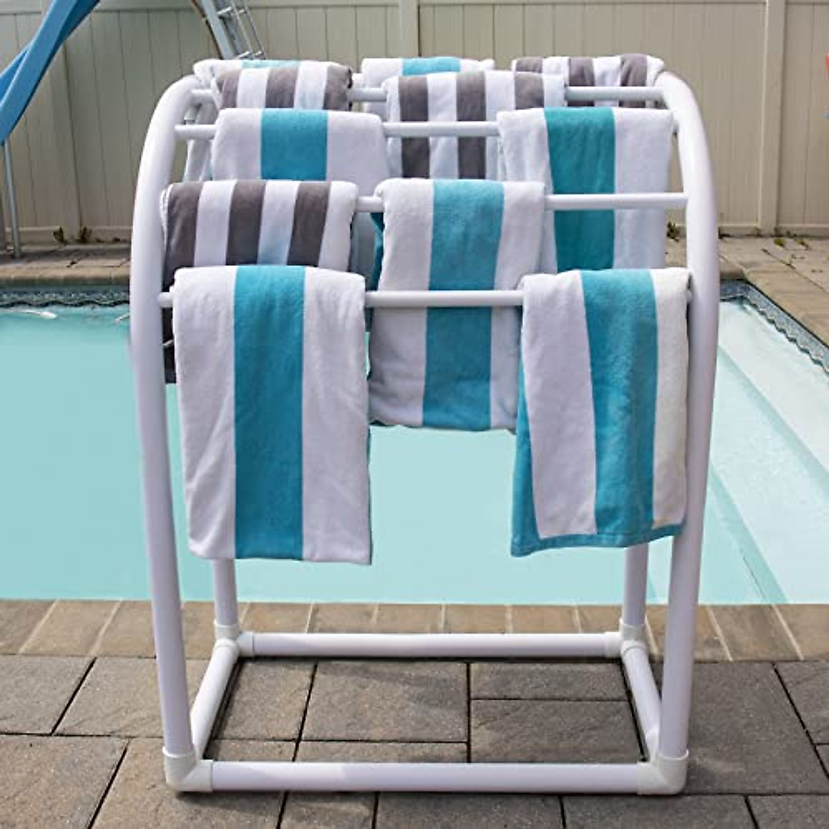 Essentially Yours 5 Bar Curved Towel Rack - Free Standing Poolside Storage Organizer - Also Stores Floats, Paddles and Noodles, 37.5" W x 23" L x 49.5 H, (White) Style 681577