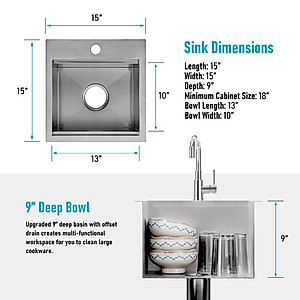Le Bijou Collection 15 Inch Workstation Drop-in or Undermount 15 x15 Inch Single Bowl 18 Gauge Stainless Steel Handmade Kitchen & Bar Sink with Integrated Ledge and Accessories