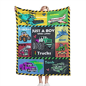 Truck Blanket,Car Gift for Boys,Just A Boy Who Loves Trucks Throw,Soft Tractor Flannel Blanket Lightweight Airplane Blanket Decor Tank Quilt for Kids Bed Sofa Car 40"x50" for Kid Boy