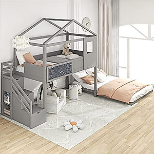 Twin Over Full House Bunk Bed with Storage Staircase & Blackboard, Wood Kids Bunk Bed with Roof and Guardrails, Playhouse Bunk Beds for Kids, Teens, Adults, No Box Spring Required (Gray)
