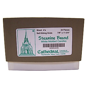 Cathedral Brand White Molded Stearine Candles Short 4's with Self-Fitting Ends, 7/8 Inch x 11 3/4 Inch, Box of 24