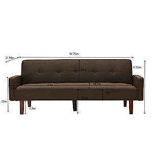 Modern Upholstered Fabric Folding Futon Sofa Bed for Compact Living Space, Apartment, Dorm, Convertible Sleeper Sofa Couch Home Recliner Lounge with Armrest, Square Wooden Legs and Center Leg (Brown)