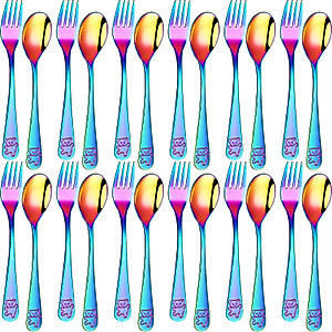 24 Pieces Kids Silverware Toddler Utensils Children's Safe Flatware Toddler Silverware Set 12 x Kids Forks 12 x Kids Spoons Stainless Steel Toddler Spoons and Toddler Forks (Colorful)