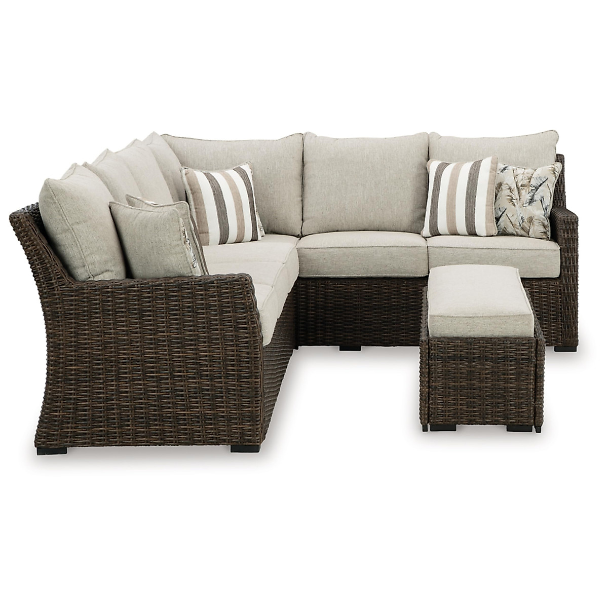 Signature Design by Ashley Brook Ranch Casual Weather Resistant Right Hand Facing Outdoor Sofa Sectional/Bench with Cushion and 6 Throw Pillows, Set of 3, Beige & Dark Brown