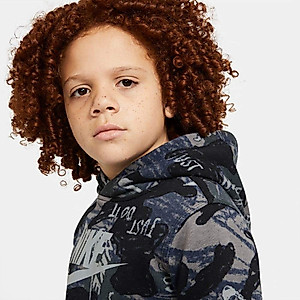 Nike Sportswear Youth Boys Junior Club Camo Hoodie Black/Light Smoke Gray CU8927 010 (Large)