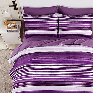 KAKIJUMN 5 Piece Bed in a Bag Stripe Comforter Set Twin Size, White and Purple Patchwork Striped Comforter and Sheet Set, All Season Soft Microfiber Complete Bedding Sets(Purple,Twin)