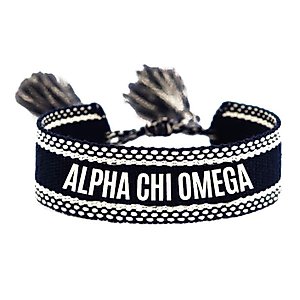 Sorority Shop Alpha Chi Omega Bracelet — Woven Bracelet, Black and White Design with ACO Sorority Name and Tassels, Greek Sorority Jewelry and Big Little Sorority Gifts