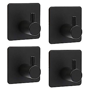ShineMe Adhesive Hooks, Heavy Duty 304 Stainless Steel Wall Hangers for Hanging Coats Key Towel Hooks for Bathrooms Door Kitchen Office Home (Black, 4 Pack)