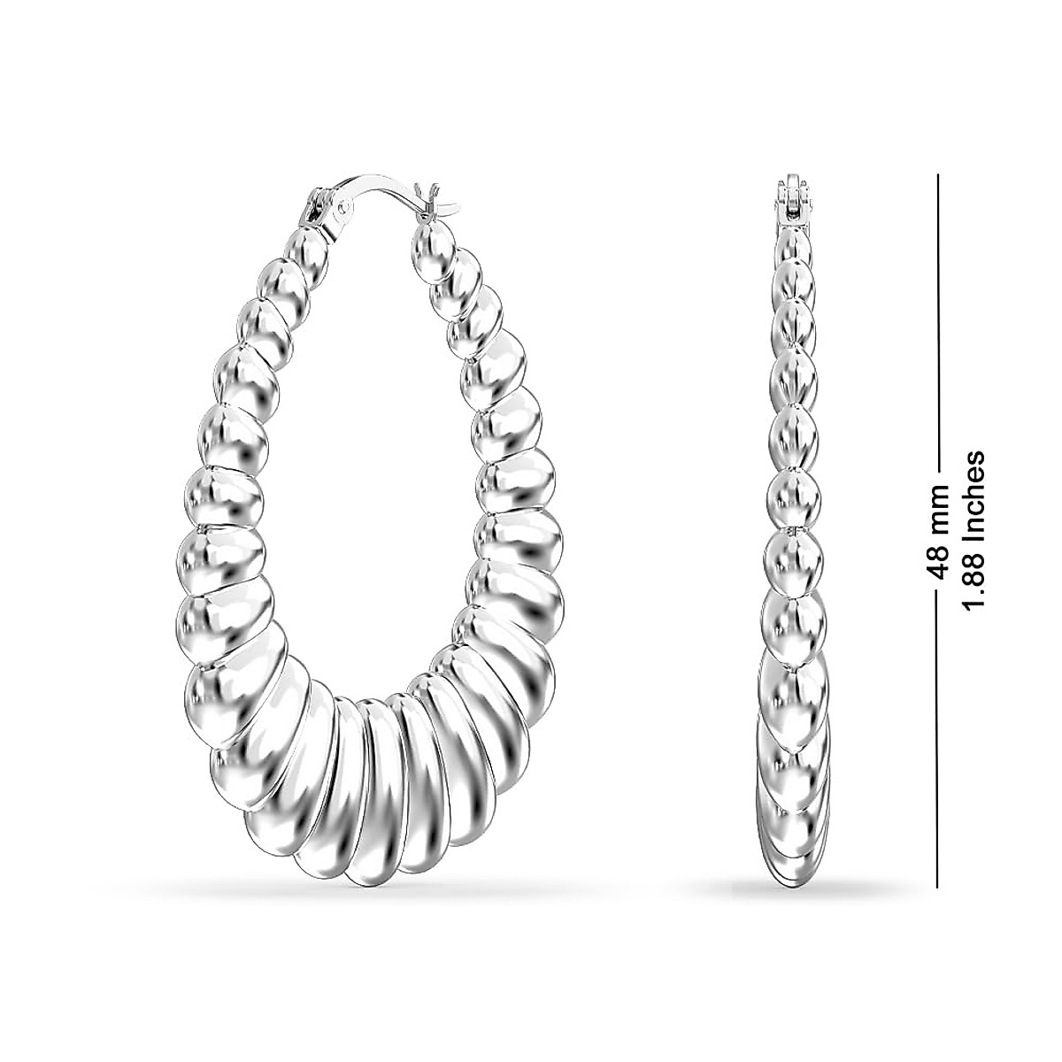 LeCalla Sterling Silver Chunky Jewelry Oval Shrimp Click-Top Hoop Earrings for Women - 48mm