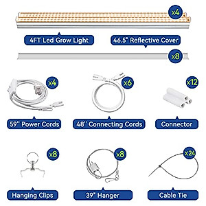 Monios-L T5 LED Grow Light, 4FT Full Spectrum Sunlight Replacement with Reflector, 240W(4x60W) Double Tube White Light Integrated Fixture with Hanging System for Indoor Plants,Plug and Play 4-Pack
