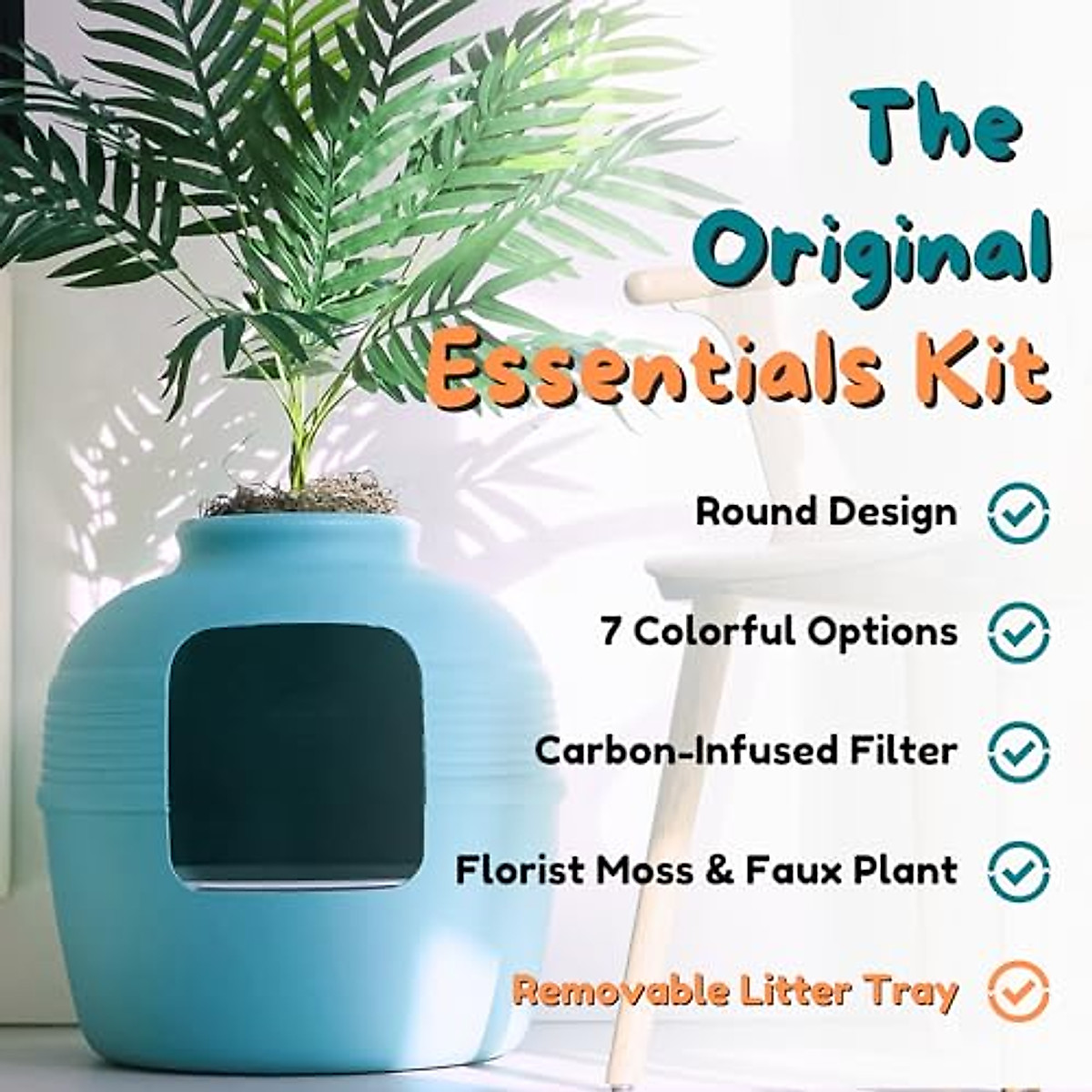 Good Pet Stuff Hidden Litter Box & Reusable Liner Essentials Kit, Round Enclosed Cat Planter Furniture, Fake Plant, Hooded Vented Carbon Filter System for Odor Control, Easy to Clean, Caribbean Blue