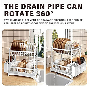 Alienustack Dish Drying Rack with Draining Plate, Dish Rack Cutlery Rack with Water Outlet, Stainless Steel Draining Rack for Kitchen Top - White