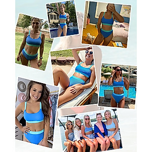 ZINPRETTY Women High Waisted Bikini Sets Color Block Swimsuits 2 Piece Bathing Suits Tummy Control Sporty Teens