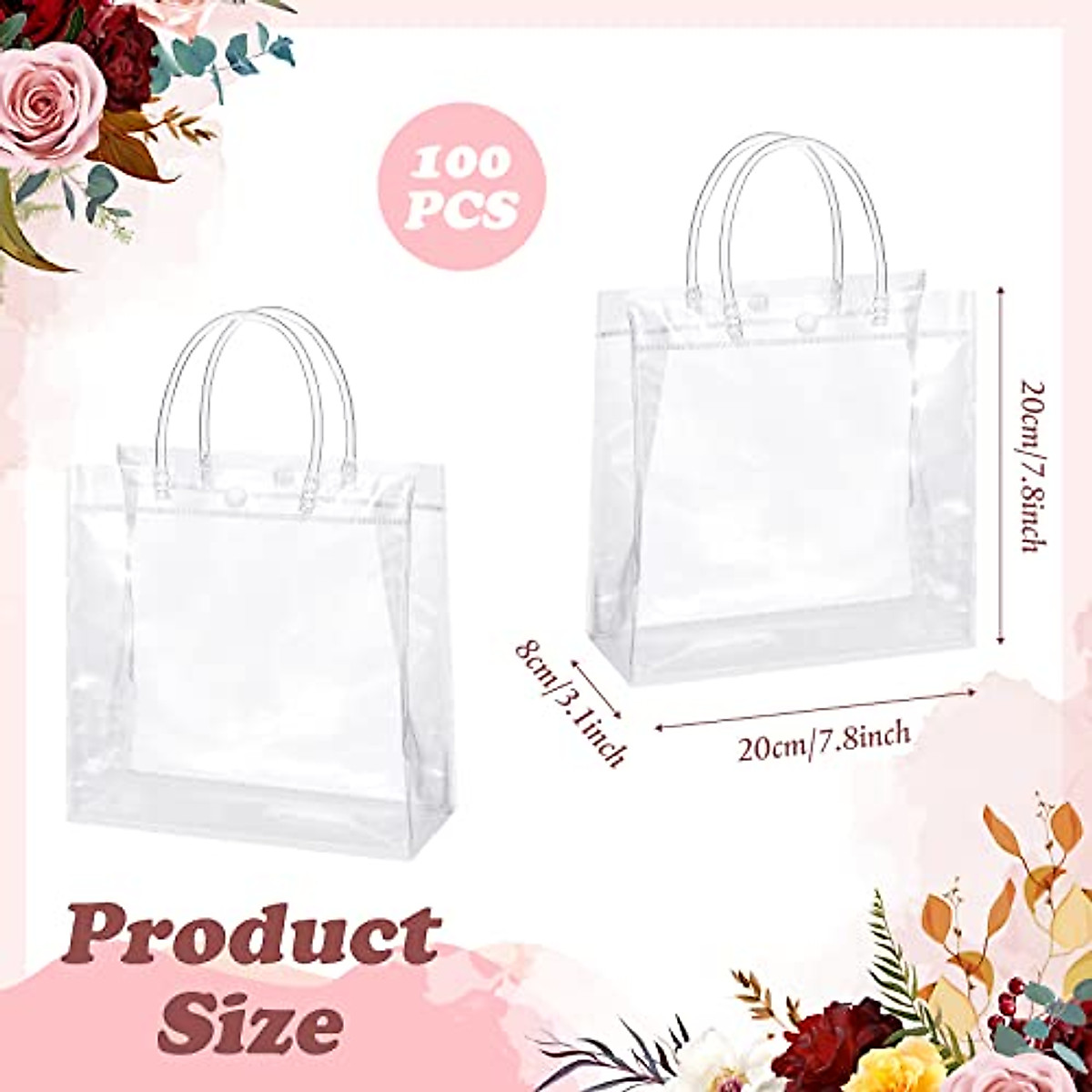 100 Pcs Clear PVC Plastic Gift Bags with Handle Reusable Transparent Bags Plastic Wrap Tote Bags Bulk Heavy Duty Gift Clear Plastic Favors Bags for Wedding Birthday Supplies (7.8 x 3.1 x 7.8 Inch)