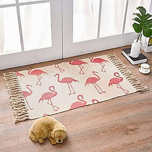 Flamingo Bathroom Rug，2'x3' Red Rugs Runner with Tassels, Small Woven Cotton Kitchen Bath Mat,Throw Rugs for Living Room, Bedroom, Laundry, Kitchen Sink, Doorway, Hallway