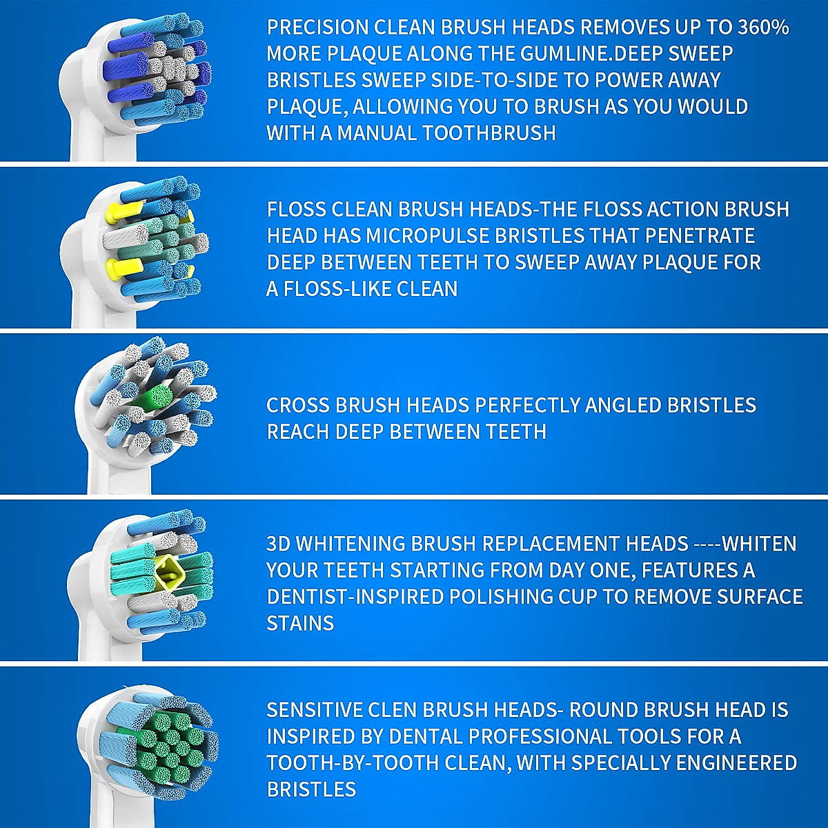 Brush Heads Replacement Compatiable for Oral b Barun,Electric Toothbrush Heads with Dupont Bristles Contain Precision,Floss,Cross,3D Clean Compatible with Oral-B 7000/Pro 1000/9600/ 5000/3000/8000