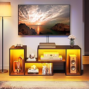 YITAHOME DIY TV Stand w/LED Strip, Modern Deformable Entertainment Center for 75/70/65/60/55/50/45 inch TVs, Gaming TV Consoles 2 Pieces Media Console Cabinet for 300lbs for Living Room, Black