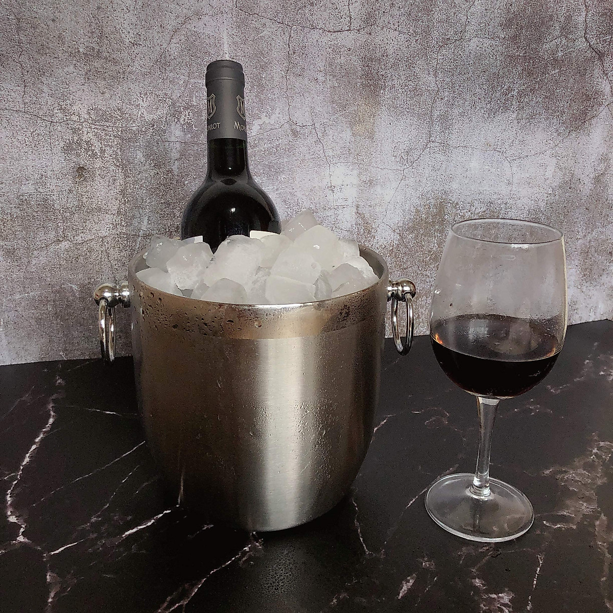 Ice Bucket Double Wall Insulated- Well Made Champagne &Wine Bucket Keeps Ice Frozen Longer - 3 Liter Stainless Steel Ice Bucket with Lid, Tongs,Scoop