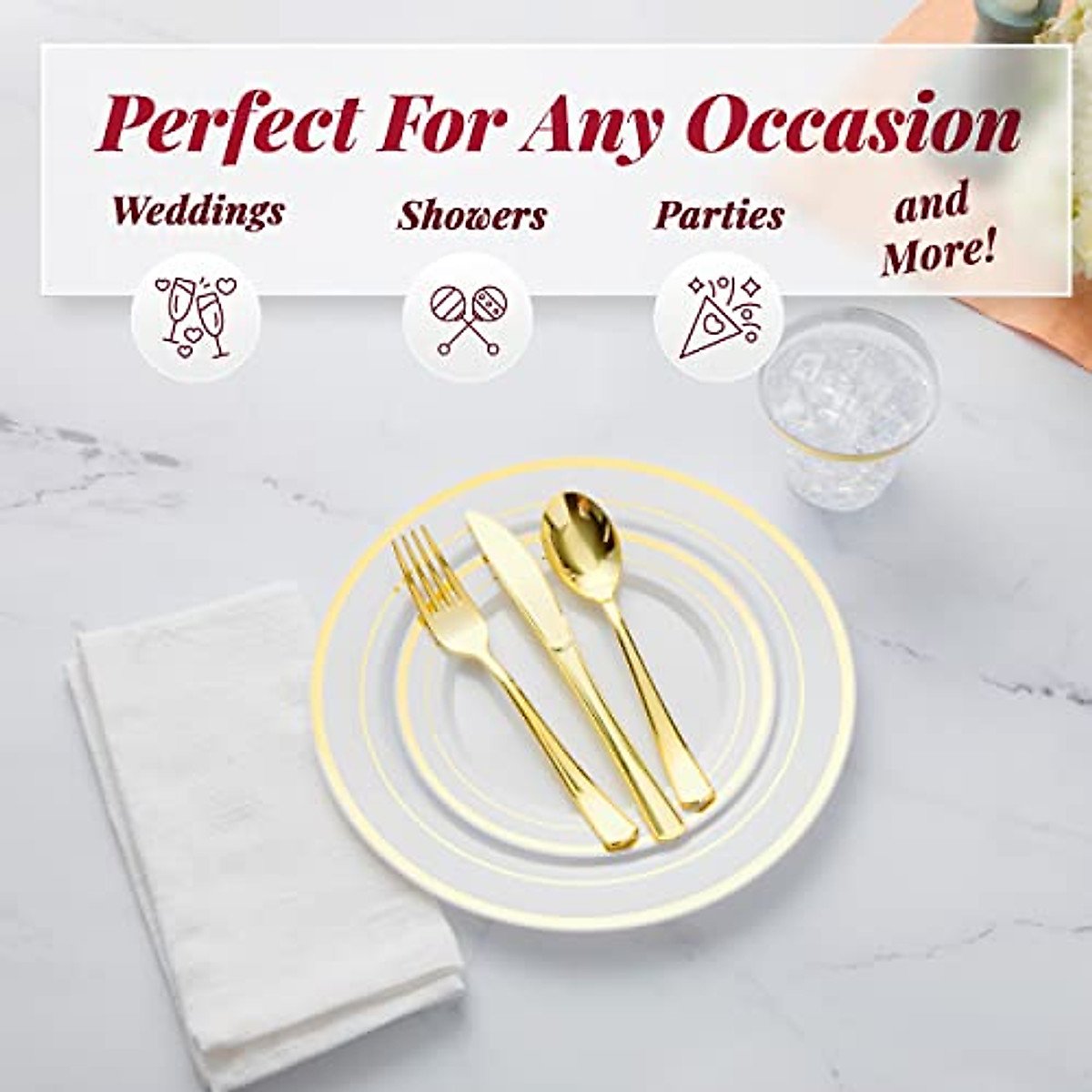 600 Piece Gold Dinnerware Party Set (100 Guest), 100 Dinner Plastic Plates, 100 Salad Gold Plates, 100 Gold Plastic Silverware Set, 100 Gold Plastic Cups Disposable Party Pack Wedding Birthday Parties